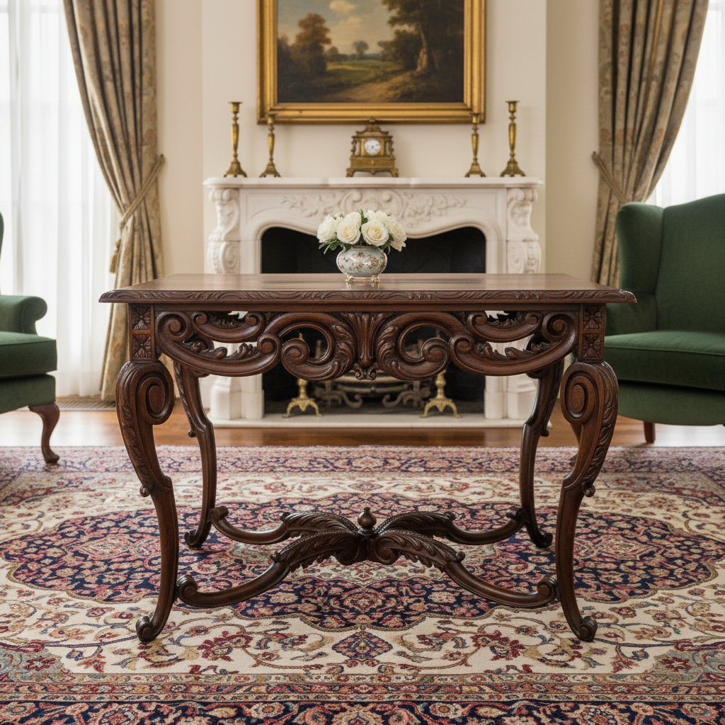 MESA DE SALA ANTIGUA ESTILO COLONIAL FRANCES EN ROBLE TALLADO. COD: 89445